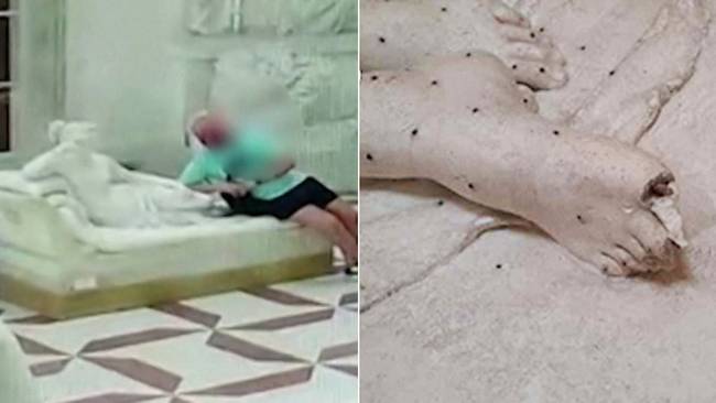 Tourist posed for picture - happened to destroy esteemed statue ...