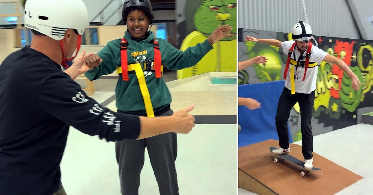 Här kan alla lära sig skejta på ett säkert sätt – se Borlängehallens unika zipline | SVT Nyheter