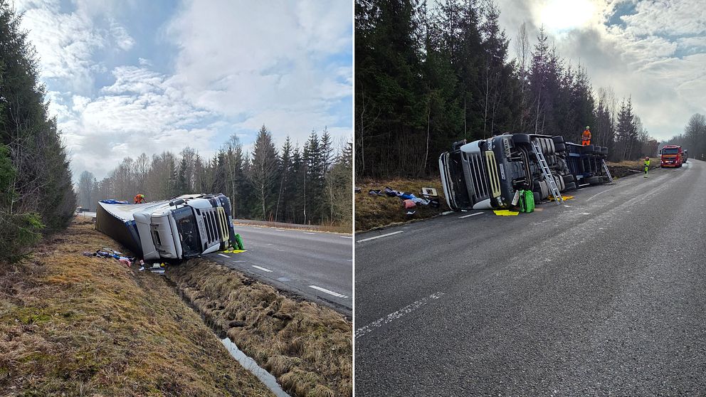 Lastbil i diket på riksväg 30 norr om Ör | SVT Nyheter