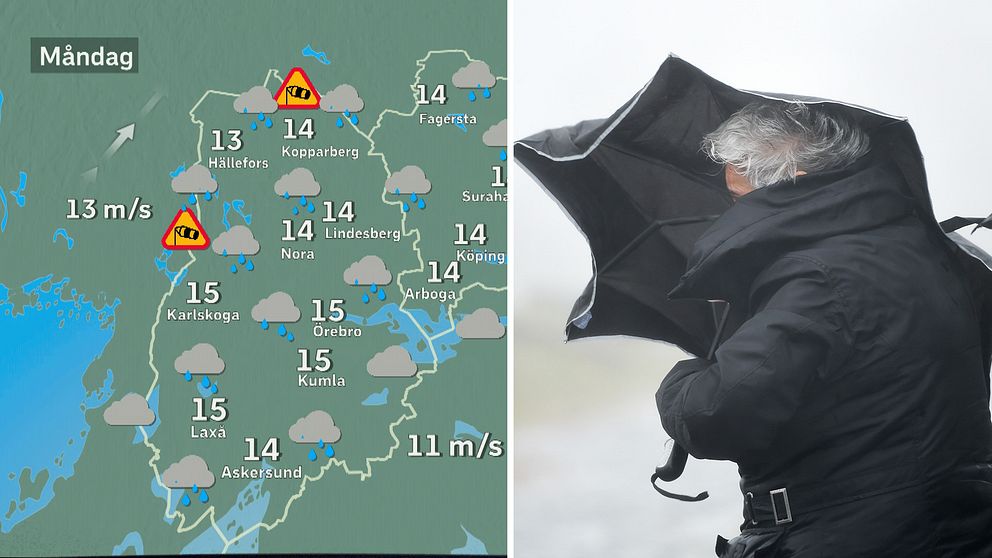 Klass 1-varning för mycket hård vind under måndagskvällen | SVT Nyheter