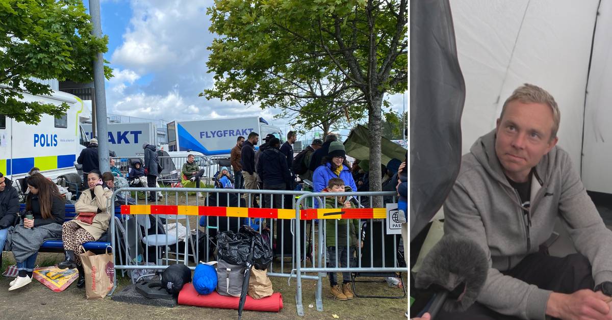 Här tältar resenärerna vid Landvetter för att få provisoriskt pass ...